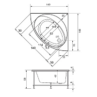 Hafro Nova Ванна 140x140 см, угловая без панелей Whirlpool, цвет: белый ...
